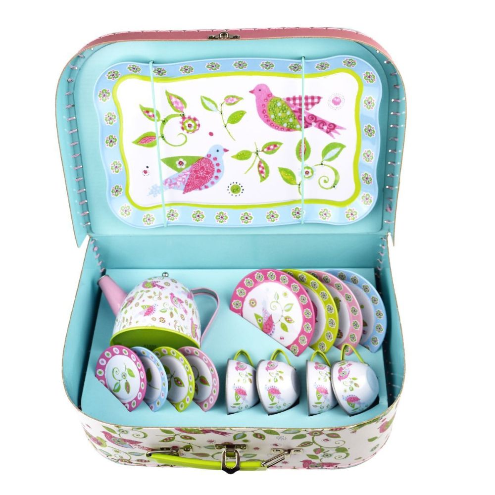 Vintage Bird Tin Tea Set – 15-Piece Pretend Play Set with Suitcase – My ...